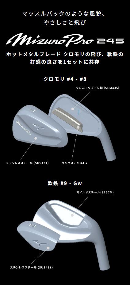 Mizuno Pro 245 アイアン 6本組／左用no5～9、pwdynamic Gold 95 スチールシャフト付
