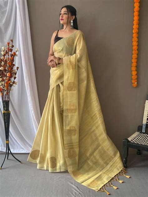 Buy Mustard Yellow Zari Weaving Tissue Silk Traditional Saree From