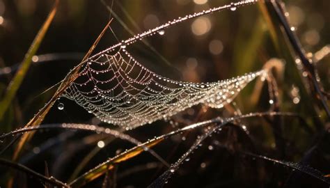 Shiny Spider Web Glistens With Dew Drops On Wet Grass Generated By Ai