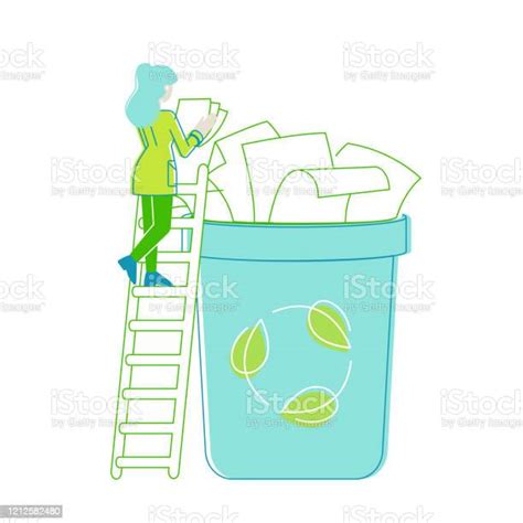 작은 여성 캐릭터는 재활용 기호와 함께 거대한 쓰레기통에 종이 쓰레기를 던져 도시 거주자 는 쓰레기를 수집합니다 폐기물 재활용 오염 및 생태 보호 개념 선형 벡터