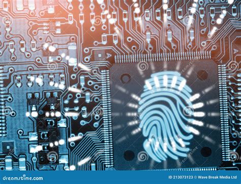 Fingerprint Biometric Scanner Against Microprocessor Connections On Blue Background Stock Image