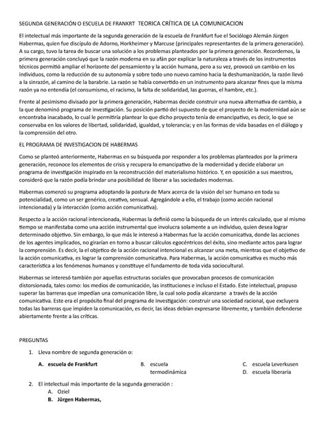 Segunda Generaci N O Escuela DE Frankrt Teorica CR TICA DE LA Comunicacion Docx Filename