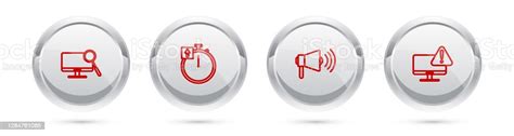 느낌표가 있는 컴퓨터 모니터 진단 스톱워치 메가폰 및 모니터를 설정합니다 실버 서클 버튼 벡터 건강 진단에 대한 스톡 벡터 아트 및 기타 이미지 Istock