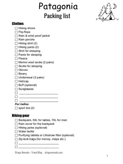 Patagonia Packing List Blank Fillable Template Fill Out Print