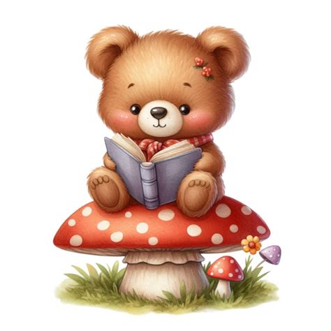 Un pequeño oso lindo leyendo un libro en la parte de atrás de un hongo Vector Premium