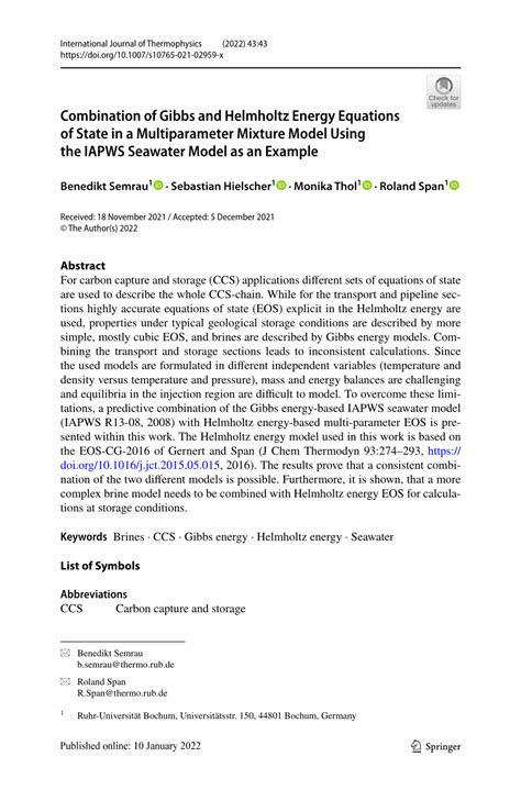 Pdf Combination Of Gibbs And Helmholtz Energy Equations Of State In A