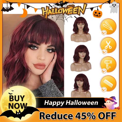 Sucs Short Wavy Red Wig With Bangs For Women Synthetic Curly Bob Wig