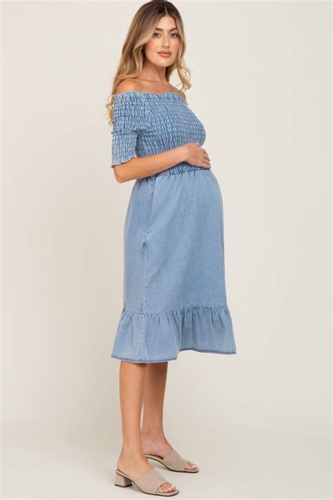 Light Blue Smocked Off Shoulder Maternity Dress In 2022 Maternity