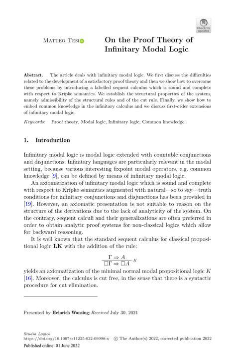 Pdf On The Proof Theory Of Infinitary Modal Logic