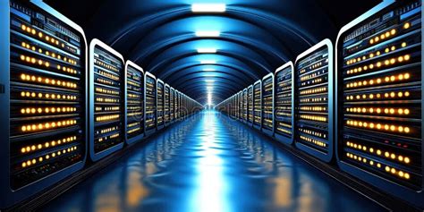 Futuristic Data Center With Rows Of Servers Illuminated In A High Tech Environment For Digital