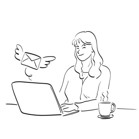 Linha De Arte Mulher Enviando E Mail Com Asas Ilustração Vetor