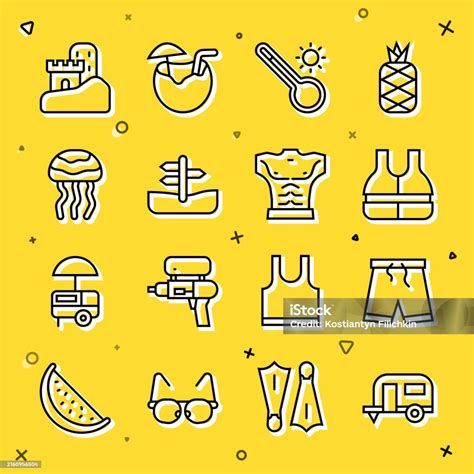 세트 라인 Rv 캠핑 트레일러 수영 트렁크 구명 조끼 기상 온도계 도로 교통 표지판 해파리 모래 성 및 보디 빌더 근육 아이콘 벡터 거리에 대한 스톡 벡터 아트 및 기타