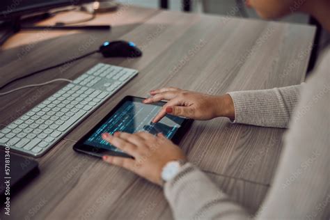 Tablet Hands And Programmer Screen For Coding Or Programming On Desk In Office Information