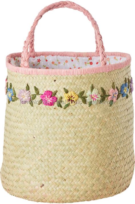 Rice Raffia Shopping Bag Natural Flower Details Raffia Handles