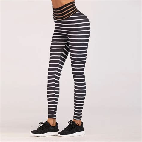 Sexy Transparent High Waist Women Leggings Black White Stripe Print Long Pants Sporting Fitness