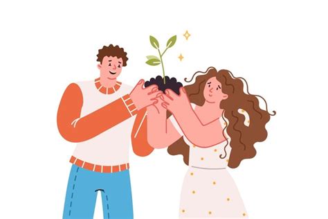 Premium Vector Couple Grows Tree Holding Handful Of Soil With Plant In Hands Metaphor Caring