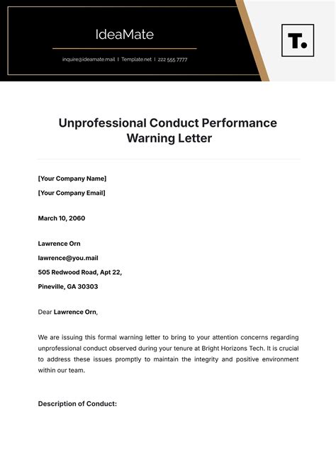 Free Unprofessional Conduct Performance Warning Letter Template To Edit Online