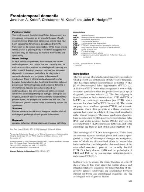Frontotemporal Dementia Pdf Dementia Aphasia