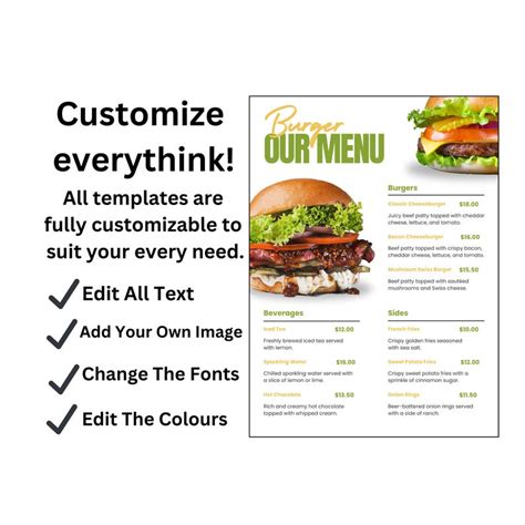 Editable Canva Burger Menu Template Custom A4 Restaurant Menu Instant Download Fast Food Menu