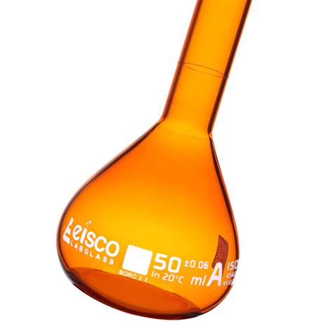 Eisco Amber Volumetric Flask 50ml Class A Borosilicate Glass Pol