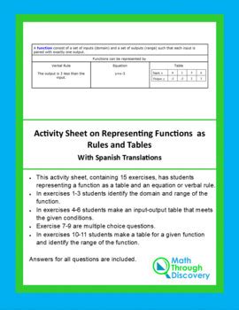 Alg Activity Sheet Representing Functions As Rules And Tables
