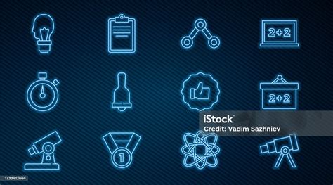 라인 망원경 칠판 분자 울리는 종 스톱워치 아이디어 개념이 있는 전구 손 엄지손가락 올리기 및 클립보드 체크리스트 아이콘을 설정합니다 벡터 건축물에 대한 스톡 벡터 아트 및