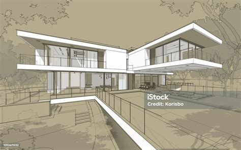 현대 아늑한 집의 3d 렌더링 밑그림입니다 검은 선 흰 반점 가진 밑그림입니다 0명에 대한 스톡 사진 및 기타 이미지 0명 3차원 형태 개념 Istock
