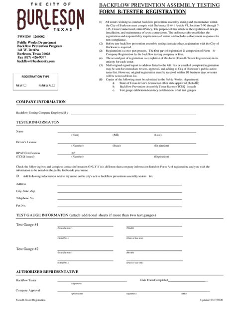 Fillable Online Backflow Prevention Assembly Testing Form B Tester