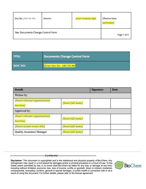 Document Change Control Form Bio Chem Shop
