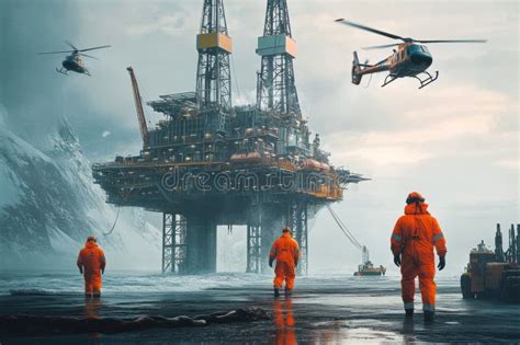 Workers In Orange Suits Approach A Massive Oil Rig Helicopters Hover Above In A Dramatic Scene