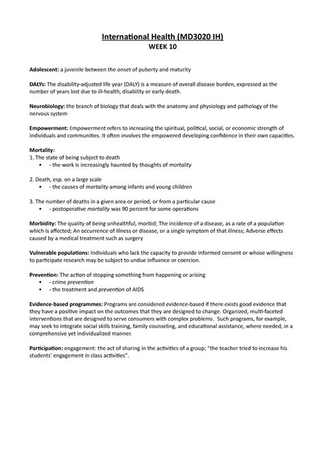 WEEK 10 Lecture Notes W10 Summary International Health MD3020 IH