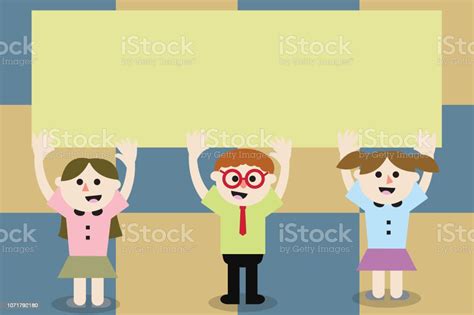 평면 디자인 비즈니스 벡터 일러스트 레이 션 빈 복사본 공간 텍스트 광고 웹사이트 프로 모션에 대 한 Esp 절연 배너 서식 파일 두 팔 높이 위쪽으로 세 학교 아이 미소