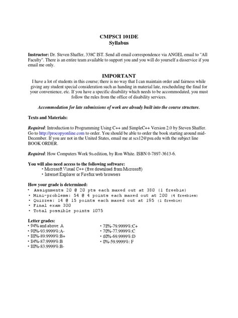 Cmpsci 101de C Programming Syllabus Pdf Test Assessment