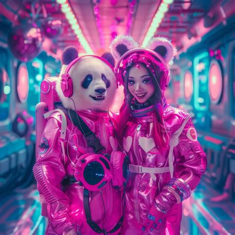 Two Panda Bears Are Posing In A Tunnel With A Woman Wearing Pink Outfit Premium Ai Generated Image