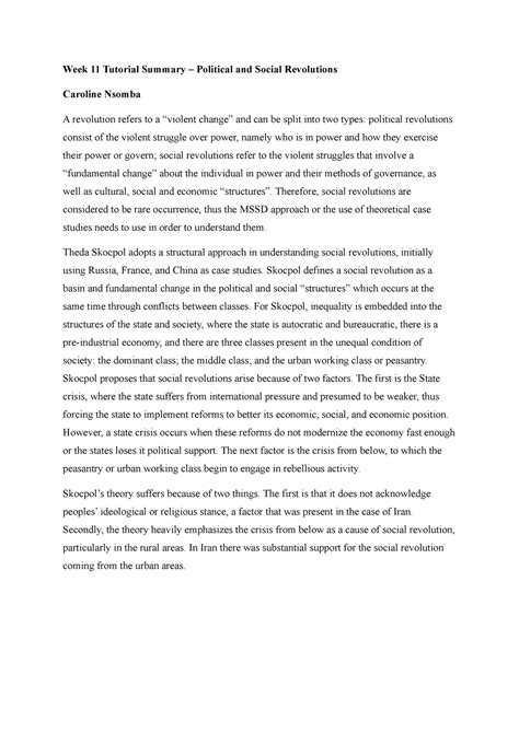 Week 11 Tutorial Summary Week 11 Tutorial Summary Political And Social Revolutions Caroline