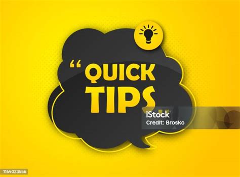 빠른 팁 유용한 트릭 유용한 정보가 있는 배너 다채로운 도구 설명 웹 사이트에 대한 힌트 솔루션의 벡터 아이콘 조언 하프톤 효과가있는 노란색 배경에 검은 음성 거품