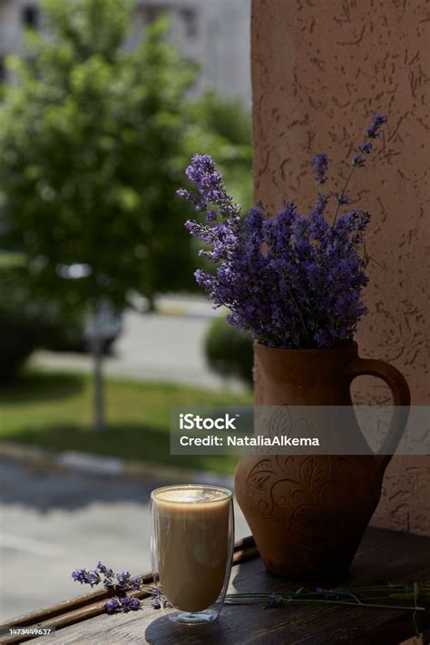 단단한 그림자 아래 나무 테이블에 라떼의 이중 바닥이있는 유리 카페 테라스의 주전자에 라벤더 꽃이 피어납니다 미적 커피 브레이크 0명에 대한 스톡 사진 및 기타 이미지