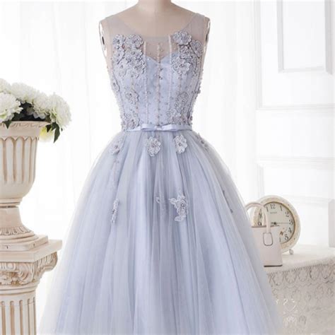 Cute Gray Round Neck Lace Tulle Short Prom Dress Homecoming Dress