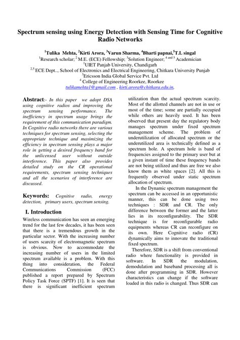 Pdf Spectrum Sensing Using Energy Detection With Sensing Time For Cognitive Radio Networks