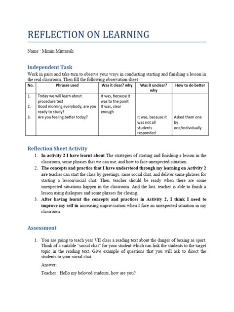 Independent Task Reflection Sheet And Assesment Of Activity 2 Download Free Pdf Educational