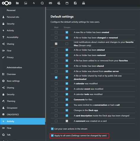 Use The Default Activity Settings For All Users And Prevent The User From Changing Them Issue