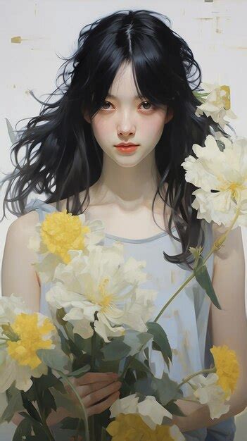 Premium Photo Blackhaired Girl In Flower Pose