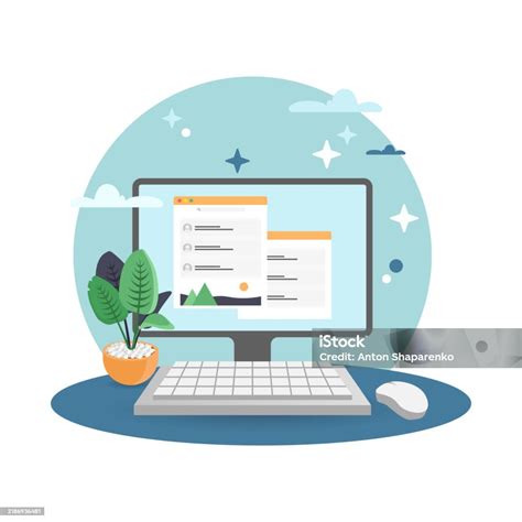 소셜 미디어 및 메시징 앱 창을 표시하는 최신 데스크톱 컴퓨터 0명에 대한 스톡 벡터 아트 및 기타 이미지 0명 Brand Name Online Messaging