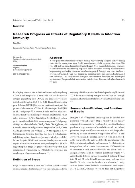 Pdf Research Progress On Effects Of Regulatory B Cells In Infection