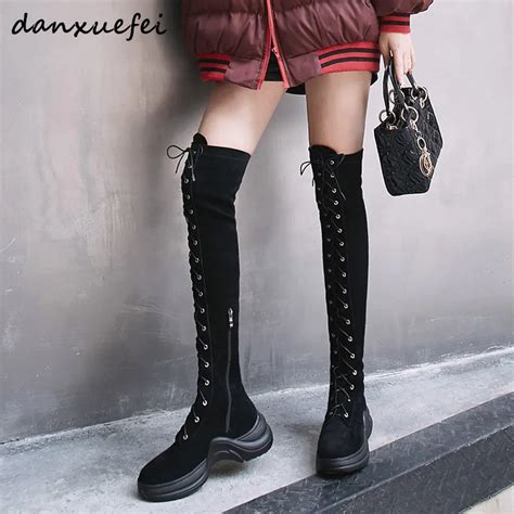 Womens Genuine Suede Leather Lace Up Thigh High Boots Platform Flats