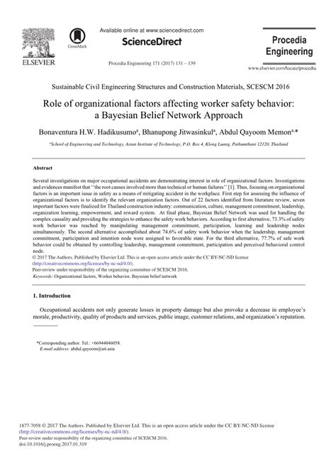 Pdf Role Of Organizational Factors Affecting Worker Safety Behavior A Bayesian Belief Network