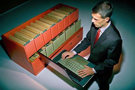 Flat 3d Isometric Businessman Manage Folders And Files On Laptop Screen Administration And