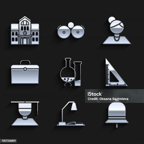 테스트 튜브 및 플라스크 화학 실험실 테스트 테이블 램프 오픈 북 링링 벨 삼각형 통치자 대학원 졸업 모자 서류 가방 교사 및 학교 건물 아이콘과 작업장 벡터 가방에 대한