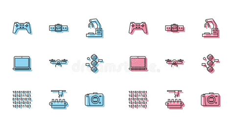 Set Line Binary Code Factory Conveyor System Belt Gamepad Mirrorless Camera Drone Flying