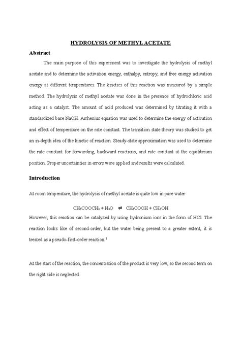 Hydrolysis Of Methyl Acetate Hydrolysis Of Methyl Acetate Abstract